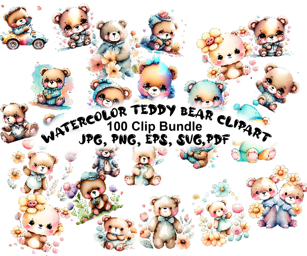 Watercolor Teddy Bear Clip Art Bundle - 300dpi, Multi-format, Svg, Pdf ...