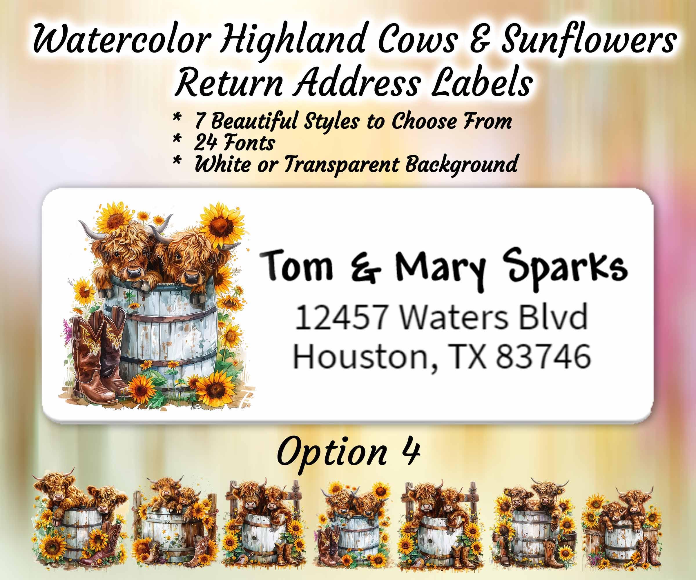 Highland Cow Return Address Labels: Rustic Sunflower Design - Etsy