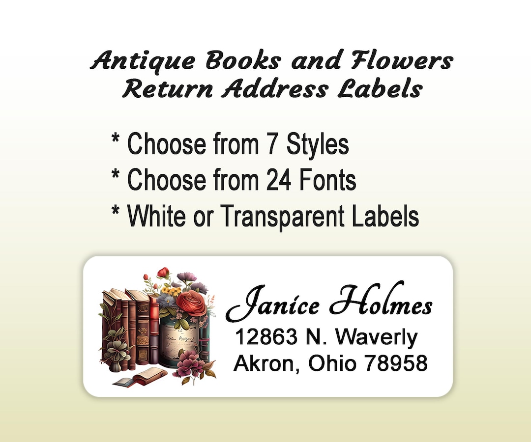 Antique Books & Flowers Return Address Labels: Personalized Library ...