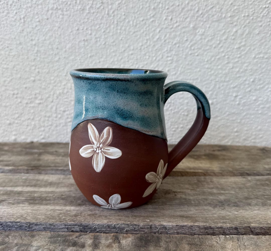 Red Clay Mug With a Flower Design - Etsy