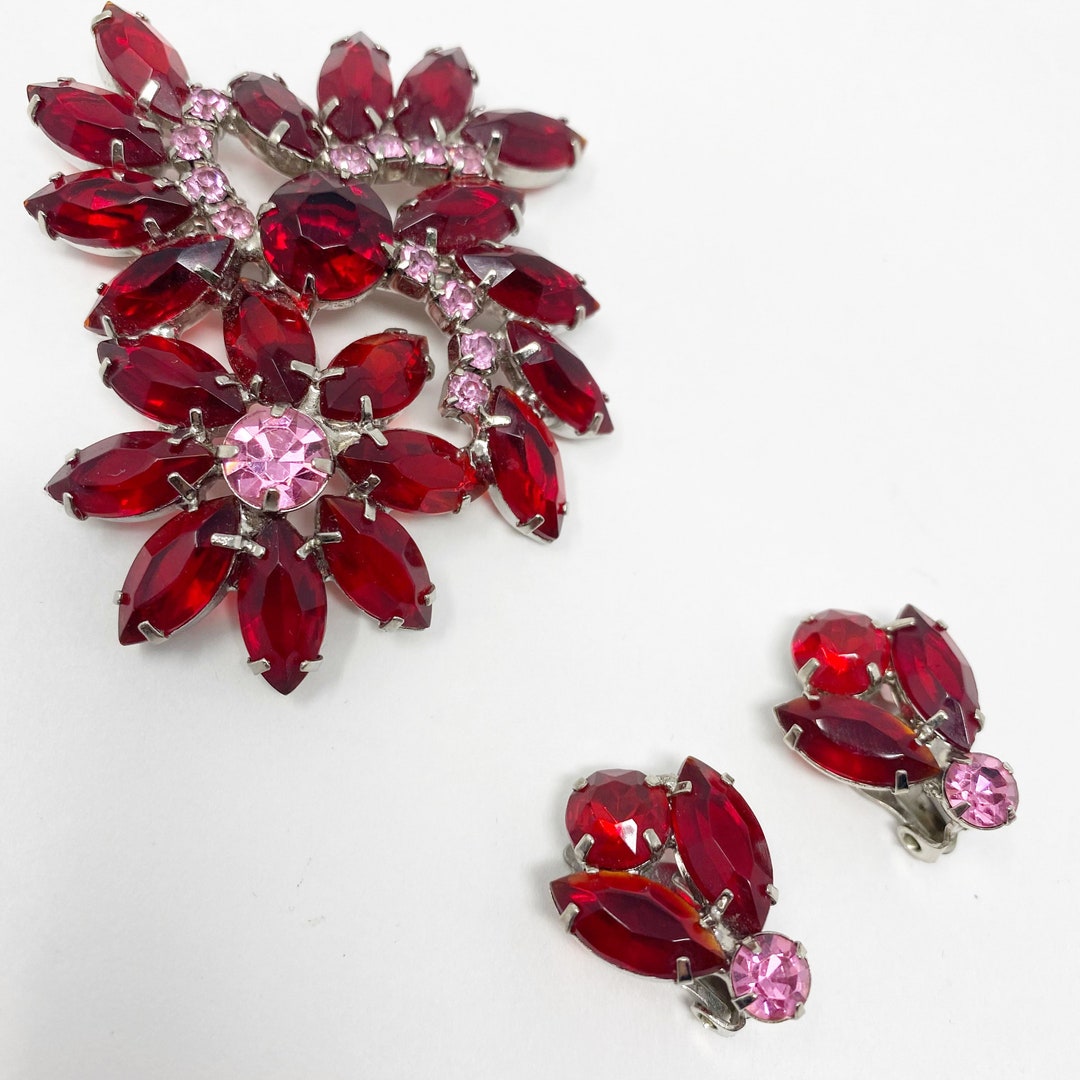 703 Vintage Delizza & Elster Juliana Flower Red and Pink Brooch Pin and ...