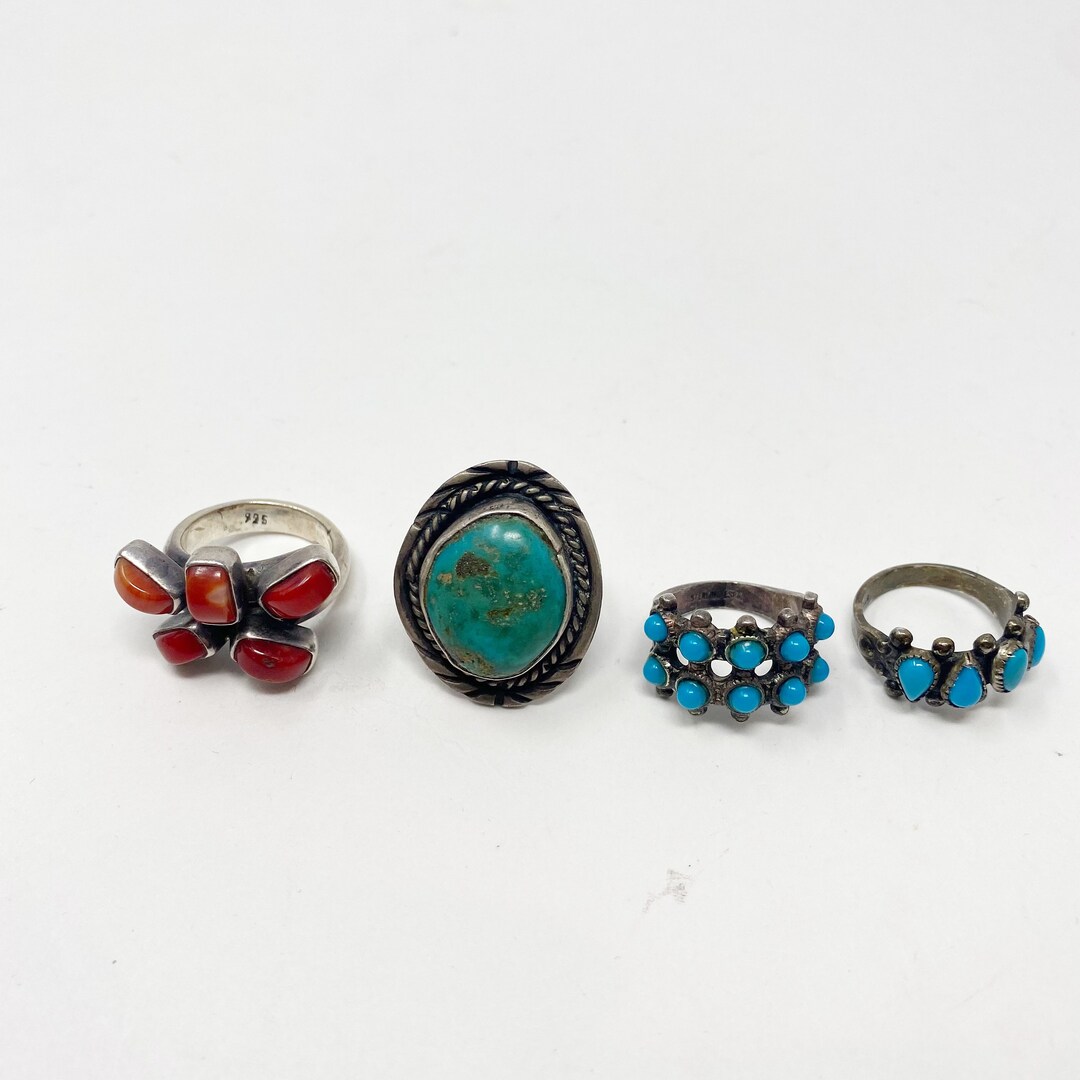 417 Vintage Native American Silver Rings Set of 4 Turquoise and Coral ...