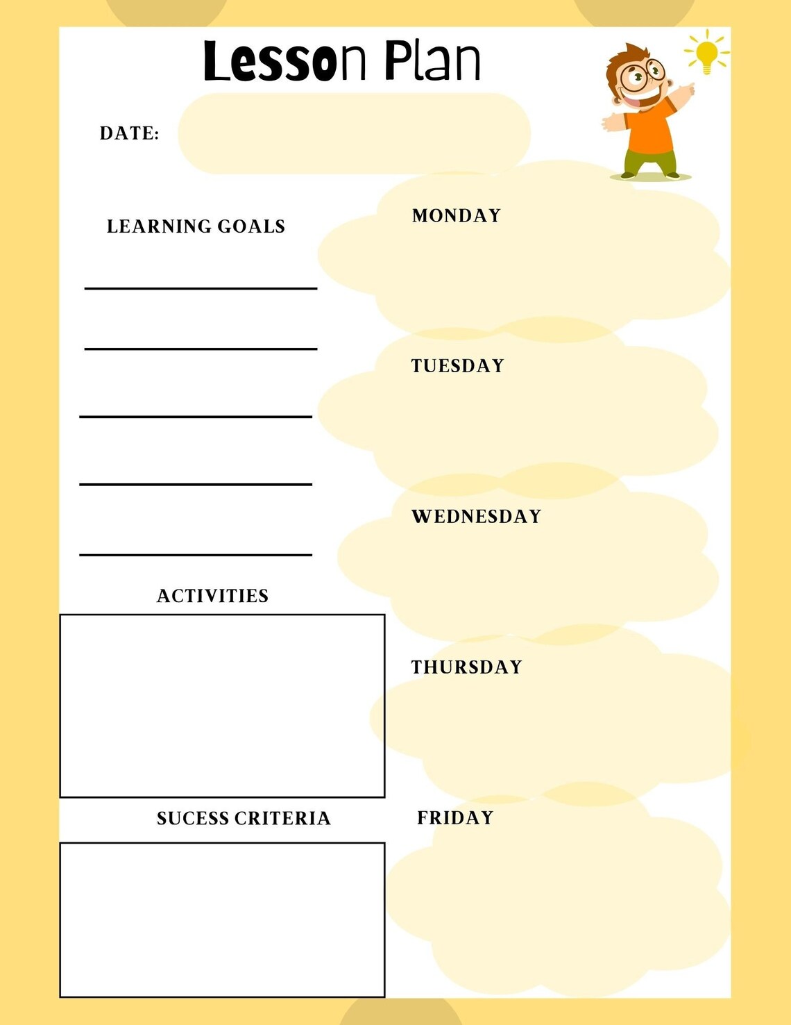 Lesson Plan Template in Yellow (digital,printable) - Etsy