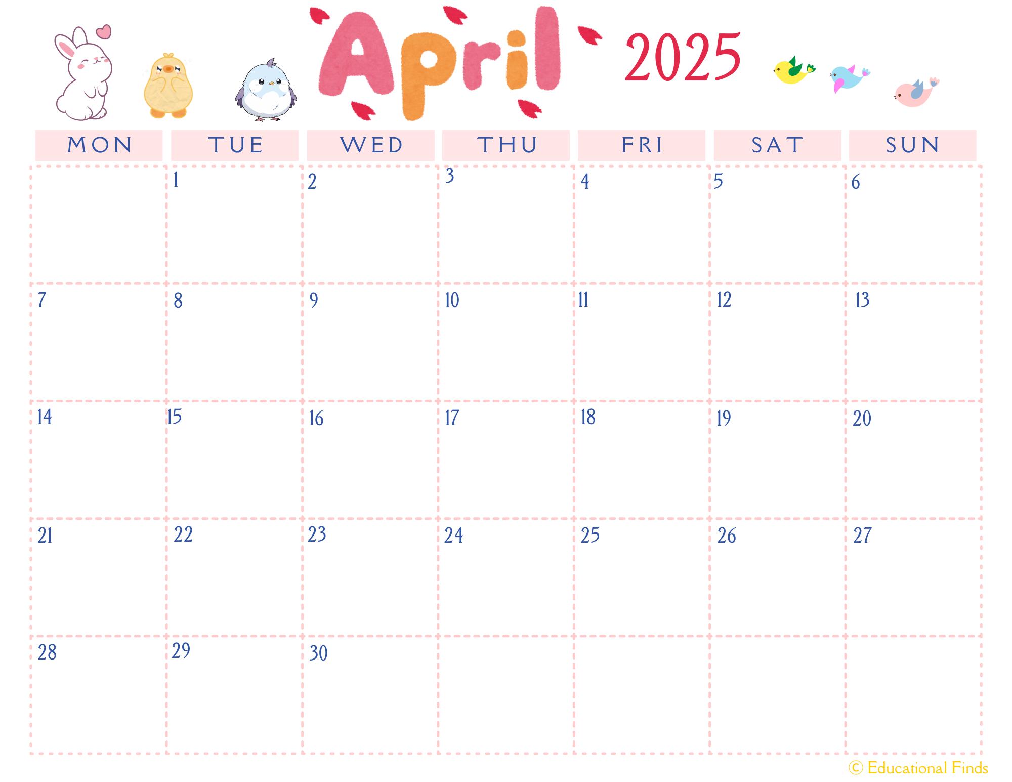 April Calendar 2025 (digital, Printable) - Etsy Canada