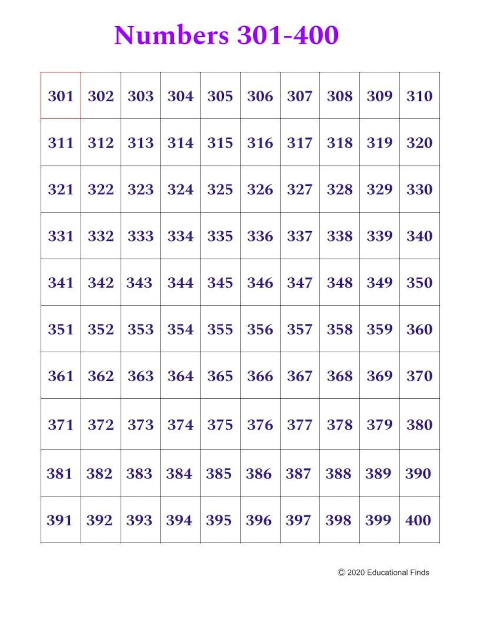 Numbers 101-500 Charts - Etsy