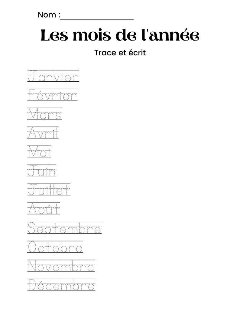 12 Months of the Year Tracing in French ( Digital, Printable ) - Etsy