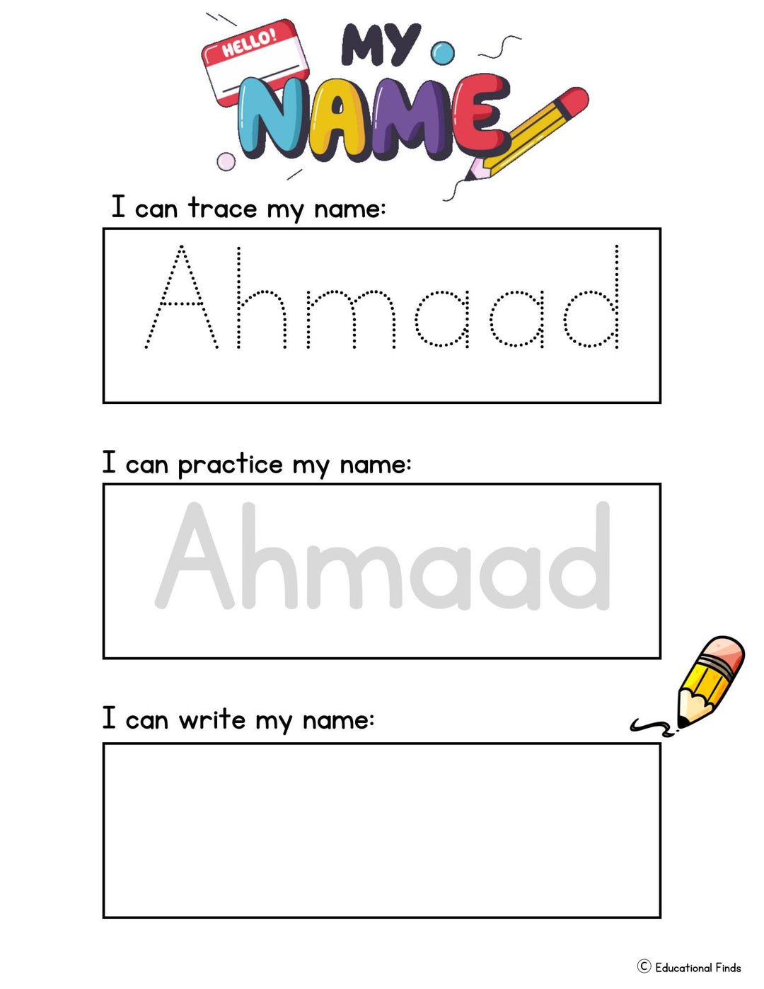 I Can Write My Name , Ahmaad, Tracing Practice ( Digital , Printable ...