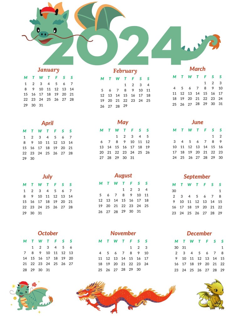 2024 Yearly Calendar, Dragon Theme (digital, Printable) - Etsy