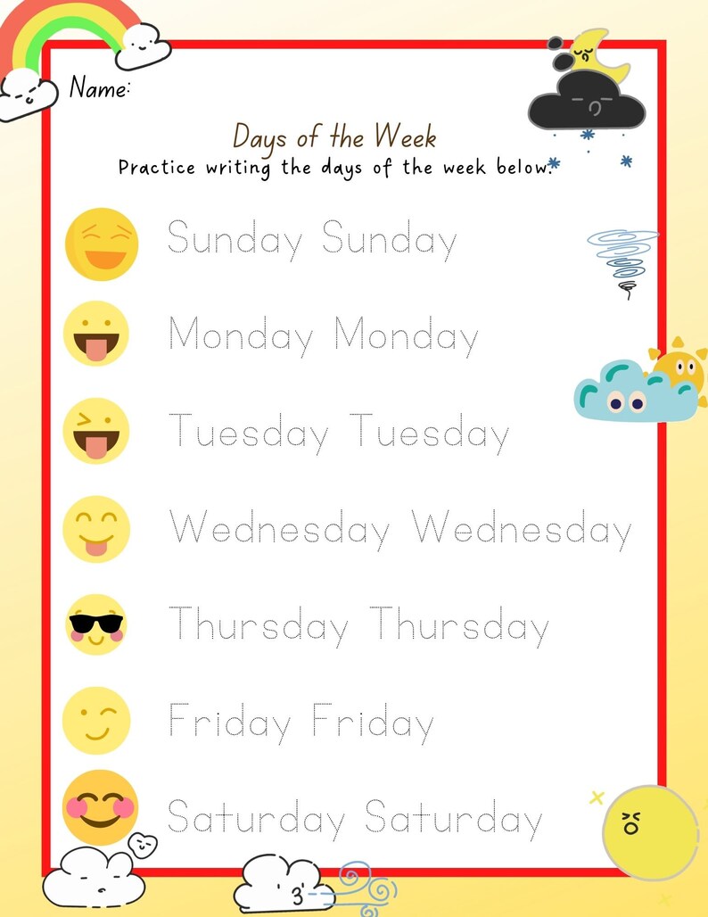 Days of the Week Writing/tracing Practice ( Digital , Printable ) 3 ...