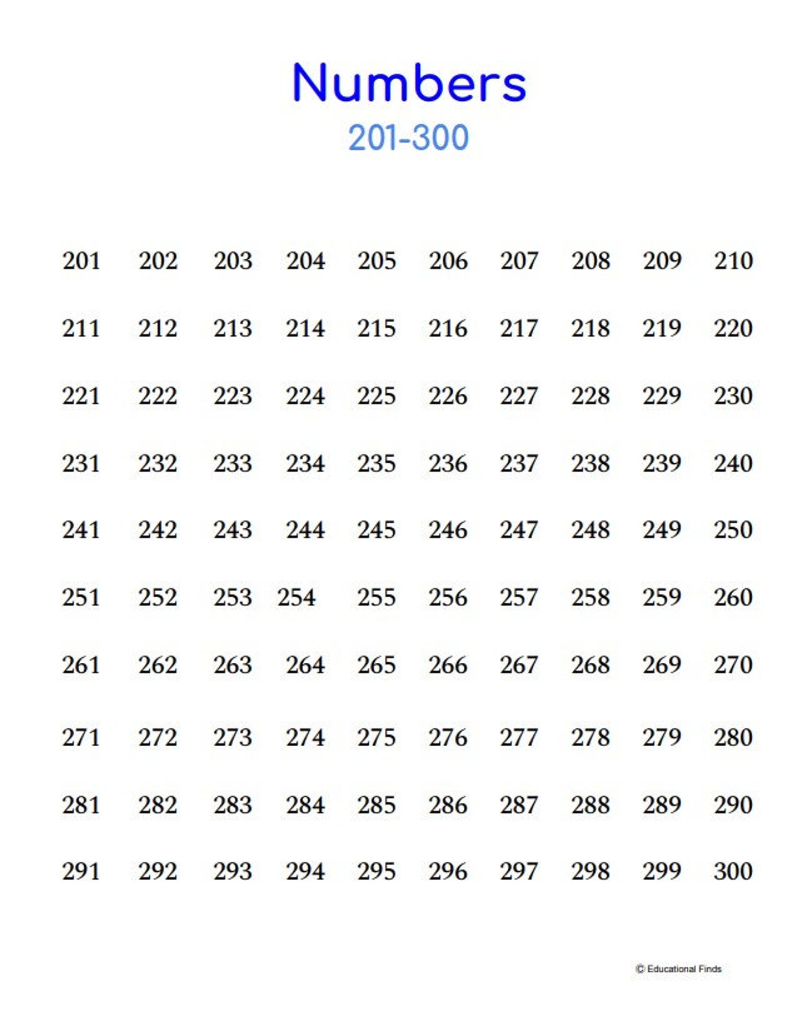 200 Chart , Numbers 201-300 (digital, Printable) - Etsy