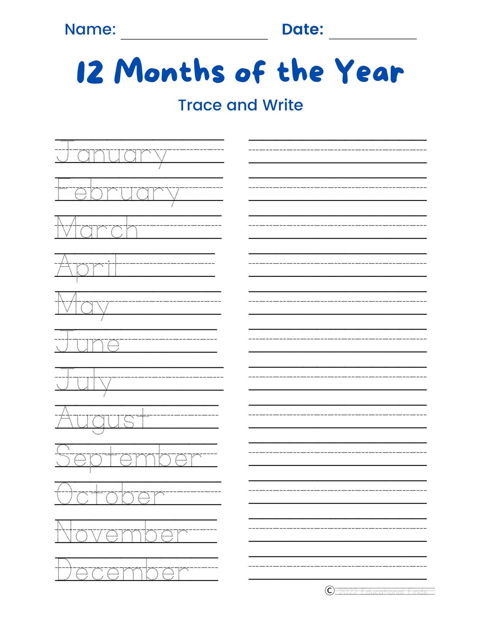 Trace and Write the 12 Months of the Year , 2 Pages ( Digital ...