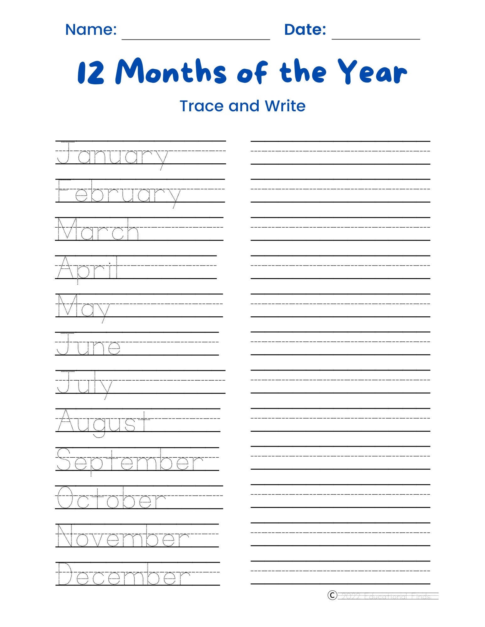 Trace and Write the 12 Months of the Year , 2 Pages ( Digital ...