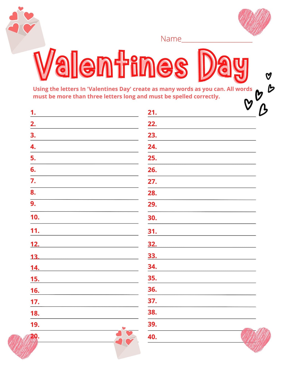 Valentine's Day Word List (digital,printable) - Etsy