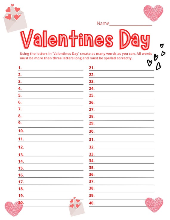 Lista De Palabras Del Pictionary De San Valentín Para Imprimir