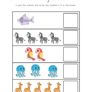 Math Kindergarten Activity, Counting Animals 1-10 ( Digital , Printable ...
