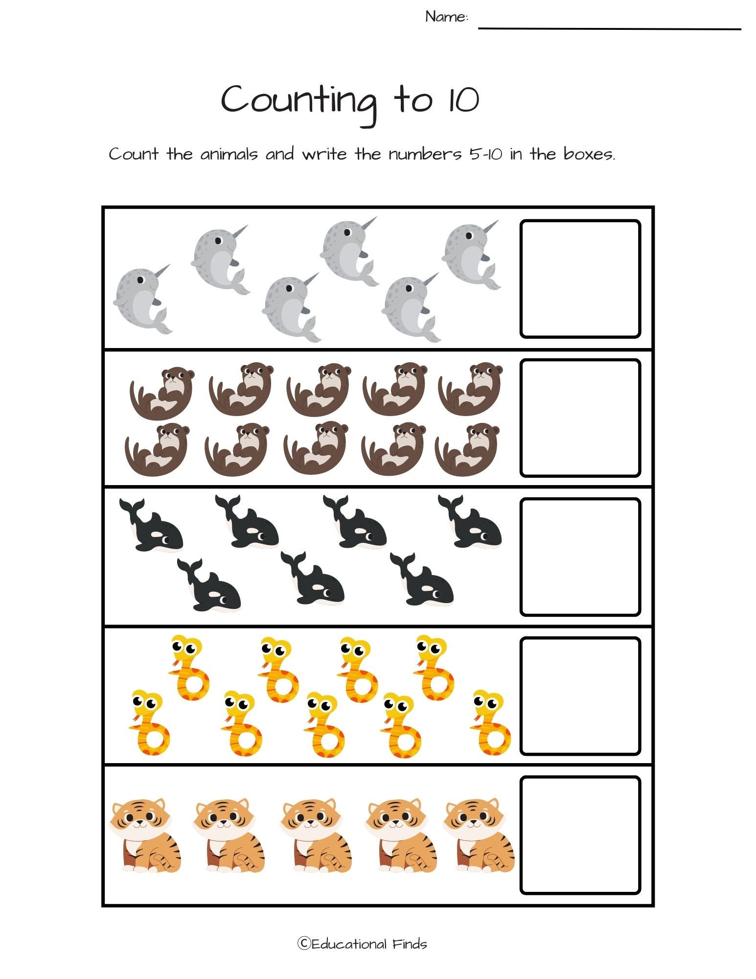 Math Kindergarten Activity, Counting Animals 1-10 ( Digital , Printable ...