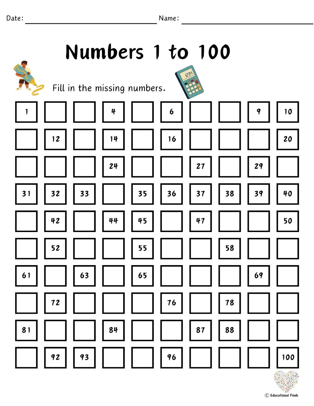 Missing Numbers, 1- 100 Chart (digital, Printable) - Etsy