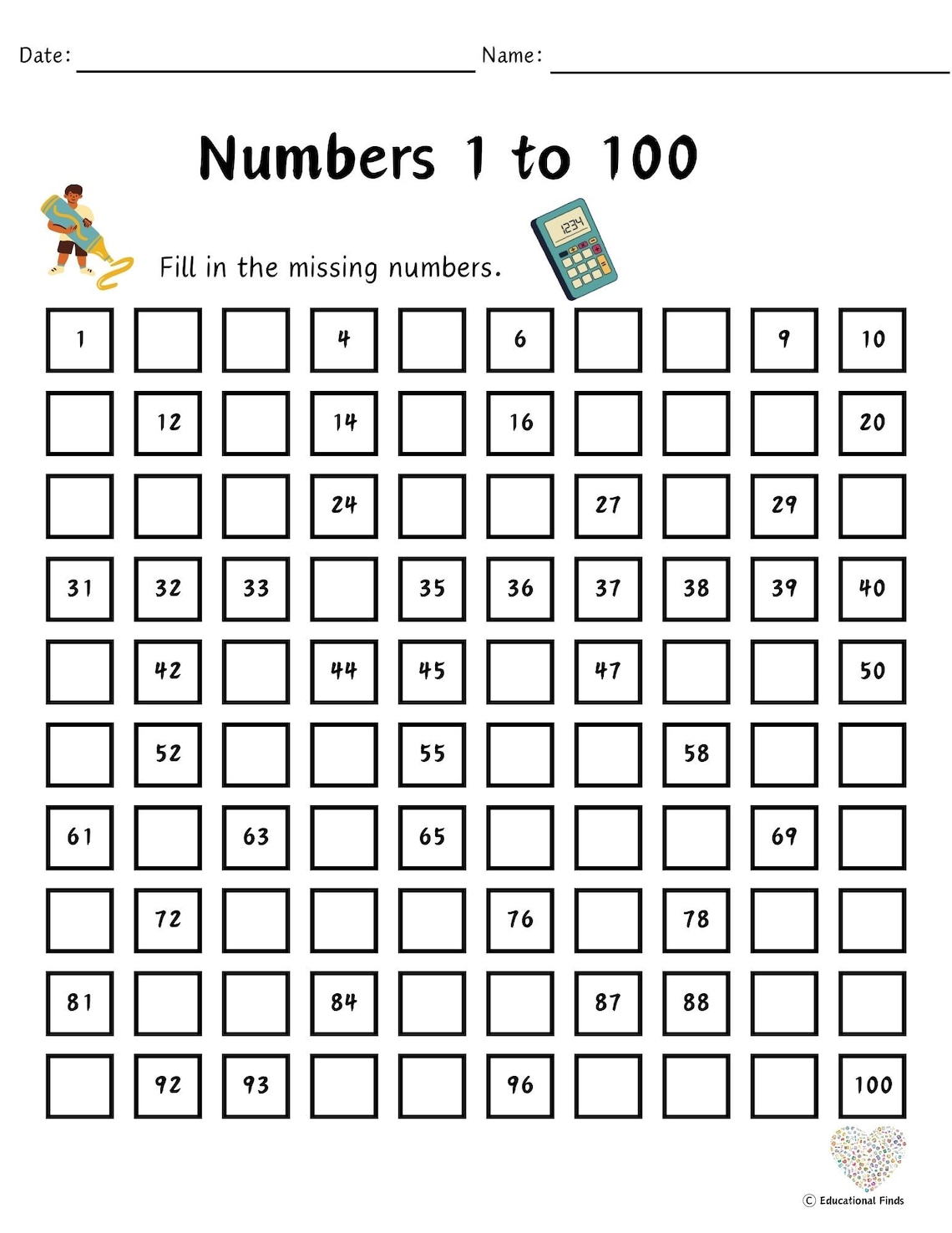 Missing Numbers, 1- 100 Chart (digital, Printable) - Etsy