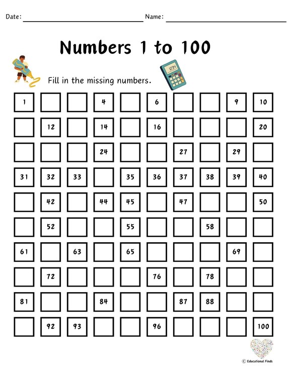 Cuadro Imprimible De Los 100 Números Faltantes