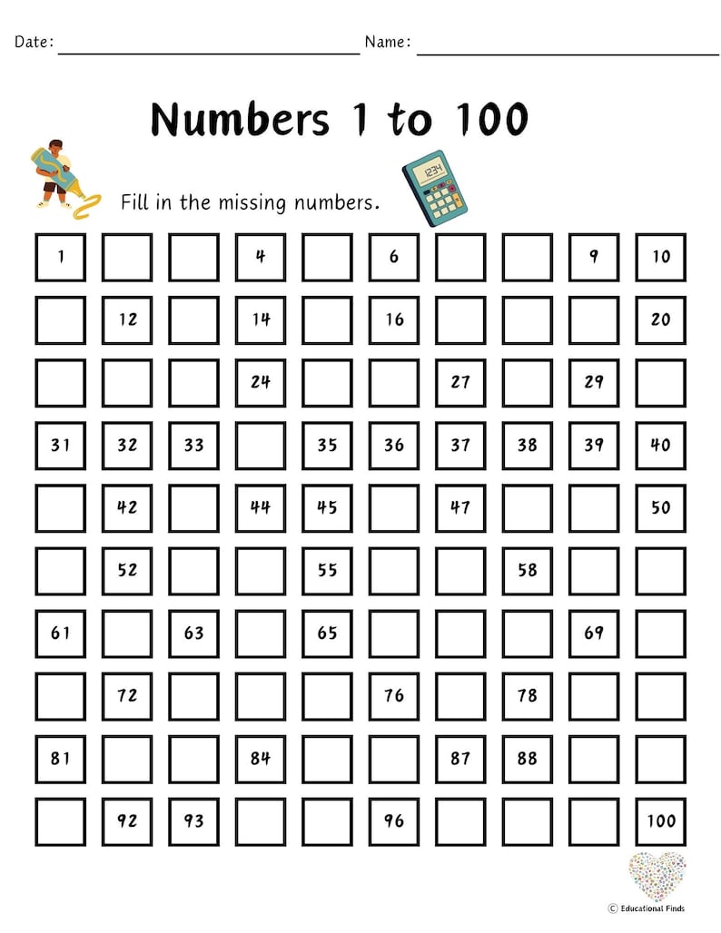 Missing Numbers, 1- 100 Chart (digital, Printable) - Etsy