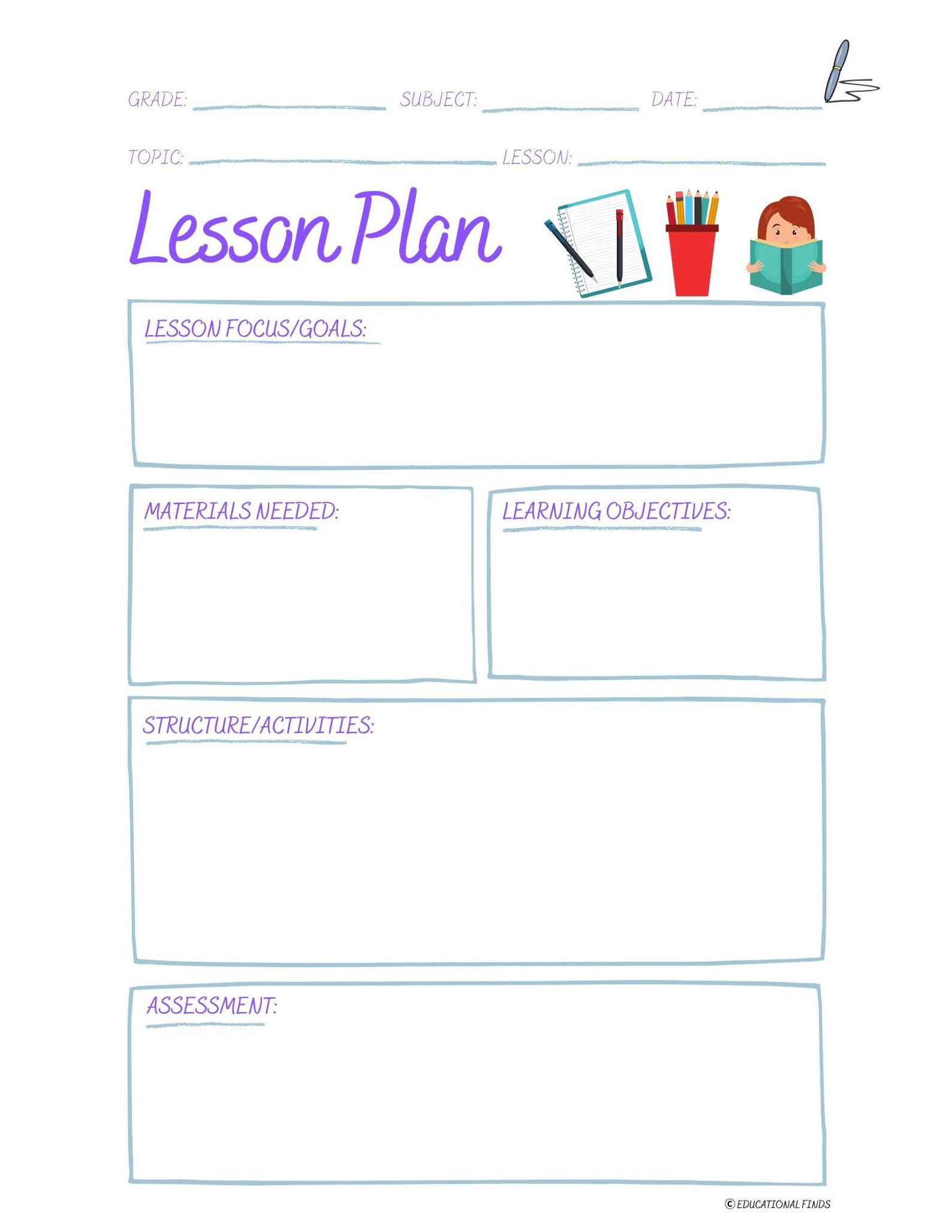 Lesson Plan Template | Digital Printable Teacher Planner Page ...
