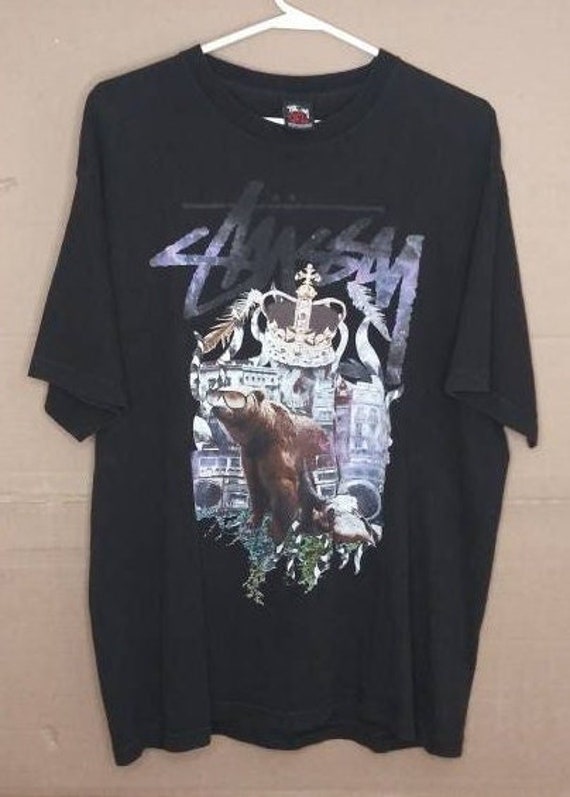 Vintage Stussy T Shirt Black Bear Skull Boom Box Crow… - Gem