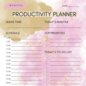 Pink & Gold Glitter Daily Productivity Planner Sheet Fillable PDF ...