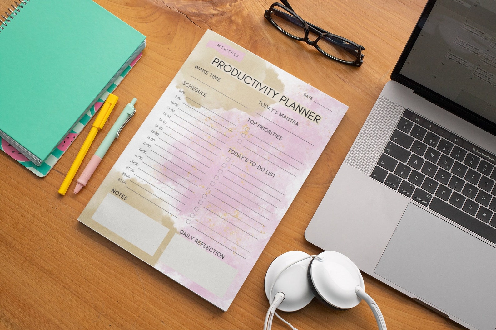 Pink & Gold Glitter Daily Productivity Planner Sheet Fillable PDF ...
