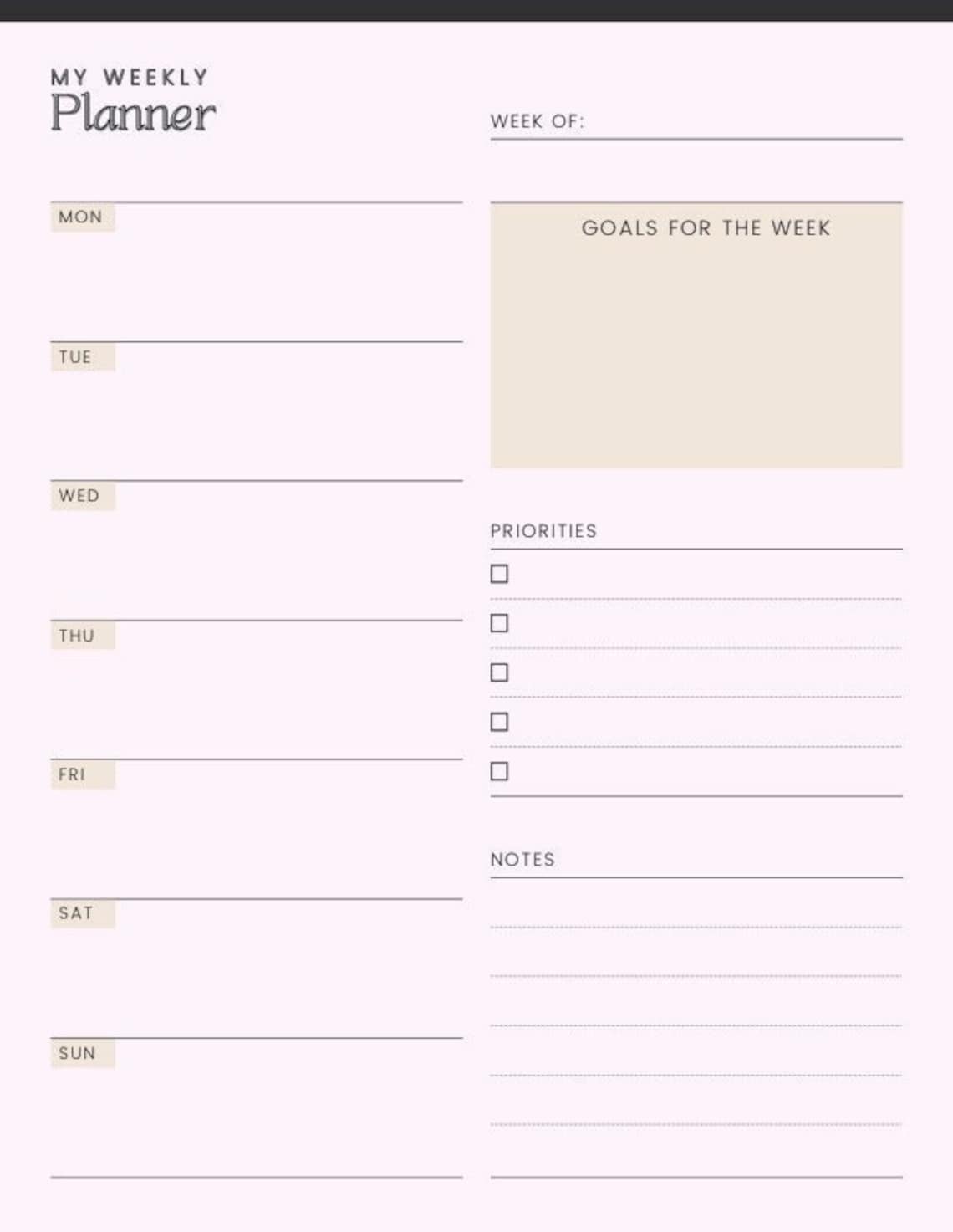 Weekly to Do List Printable, Instant Download, Simple Pink Beige ...