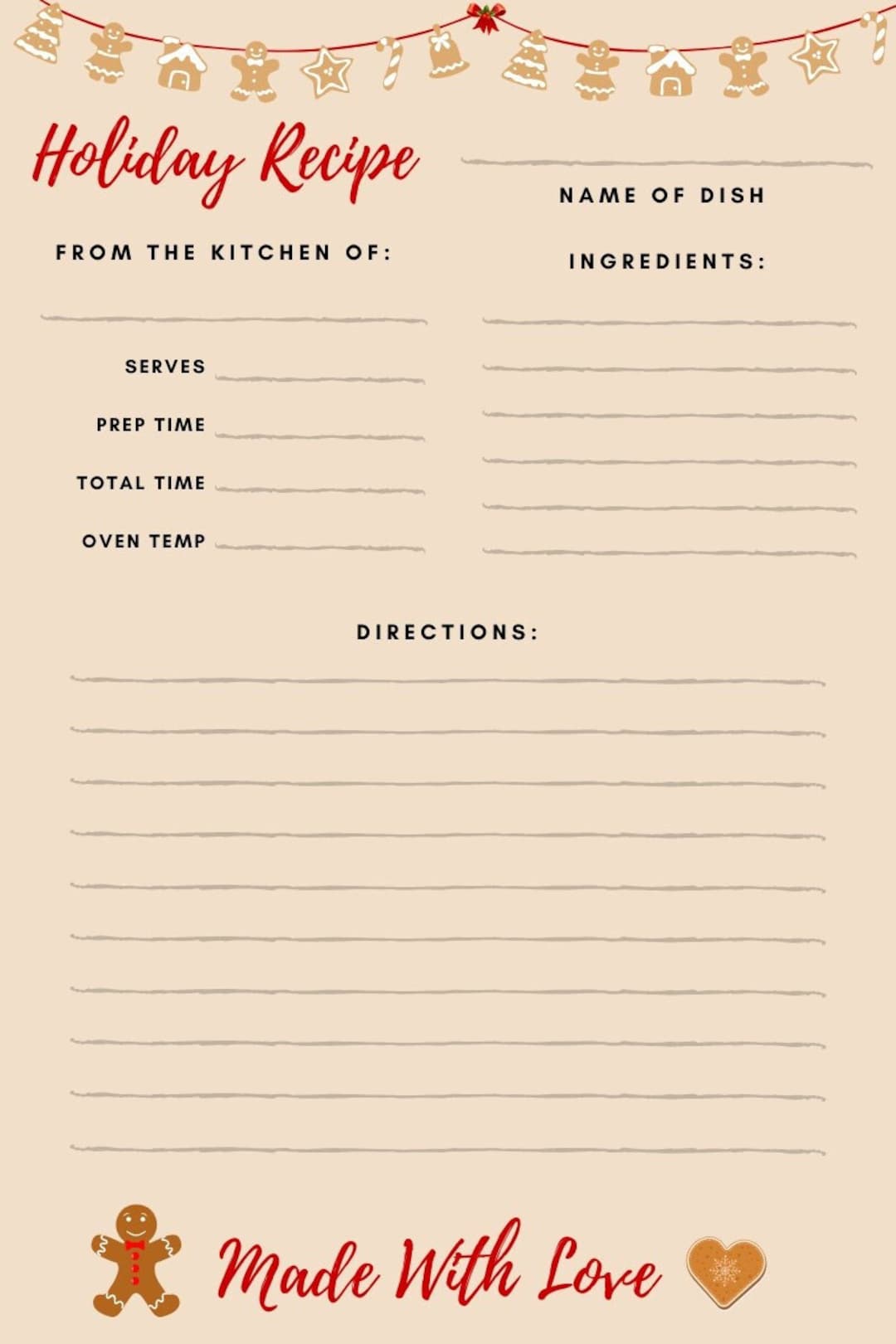 Holiday Recipe Template, Printable Recipe Template, Recipe Page ...