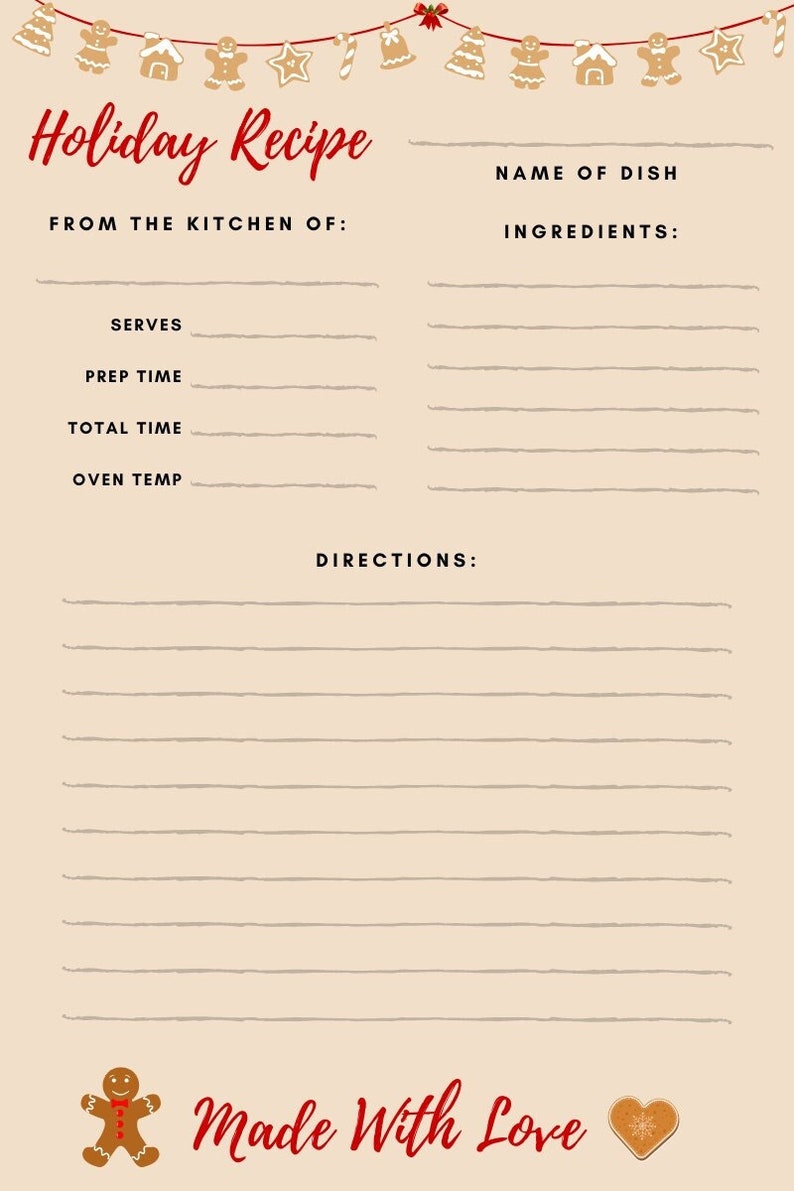 Holiday Recipe Template, Printable Recipe Template, Recipe Page ...