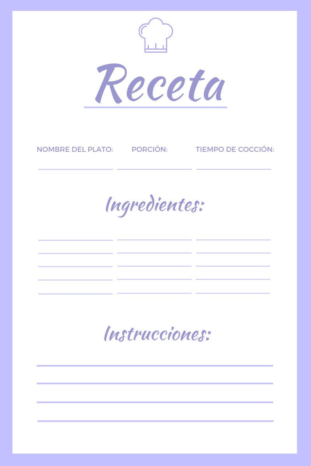 Minimalist Printable Spanish Recipe Template, Recipe Page, Digital ...