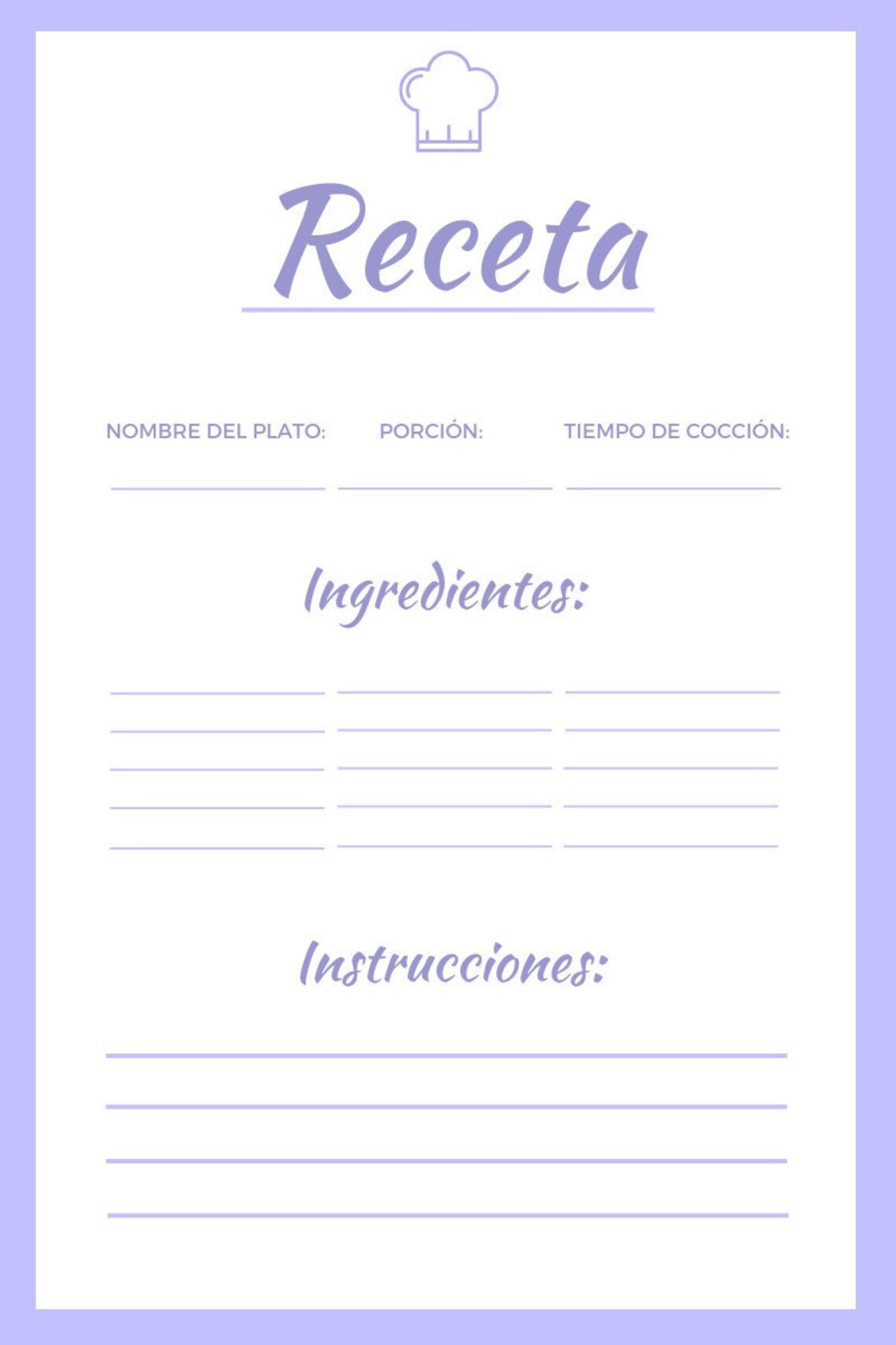 Minimalist Printable Spanish Recipe Template, Recipe Page, Digital ...