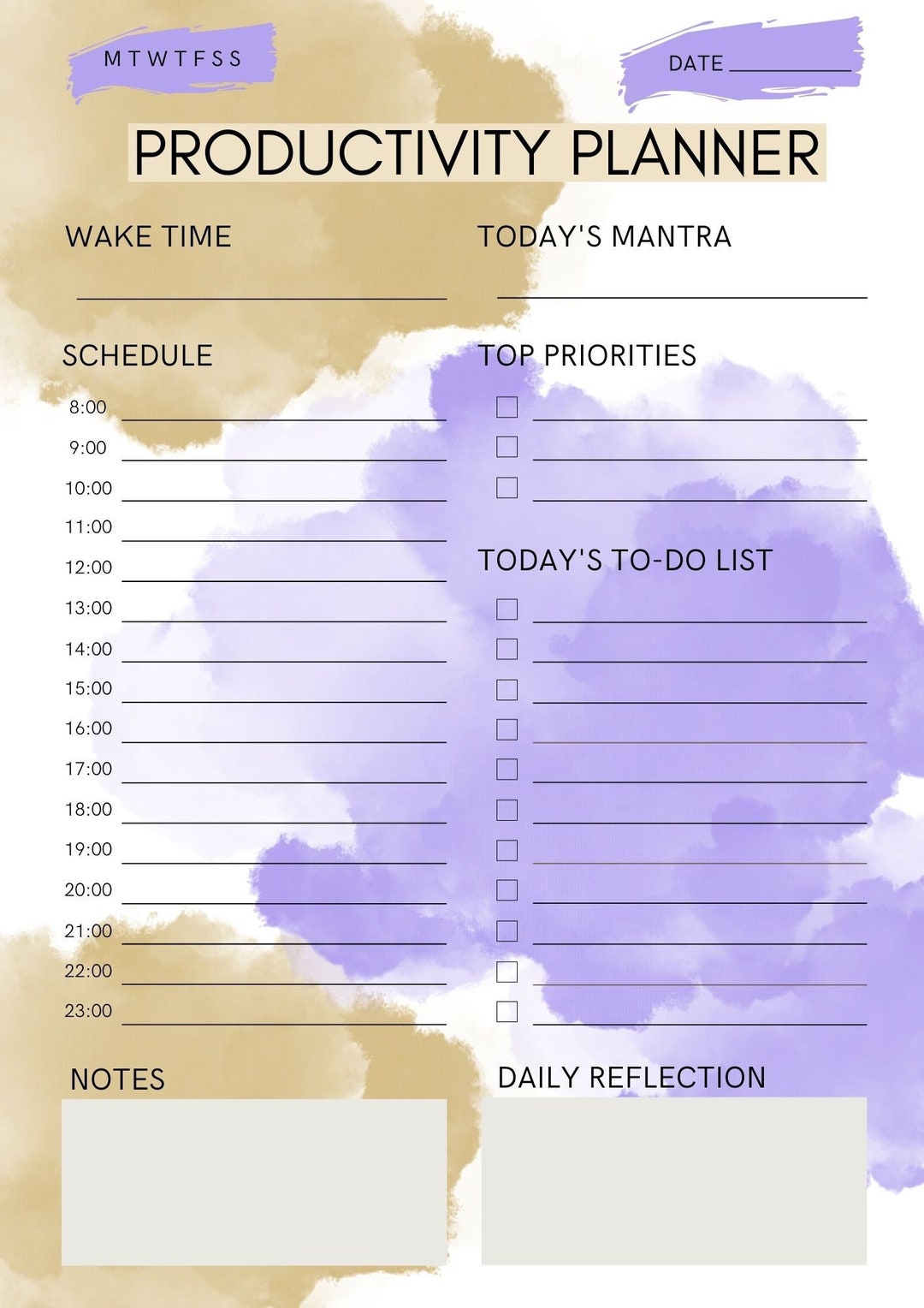 Purple & Gold Daily Productivity Planner Sheet Fillable PDF ...
