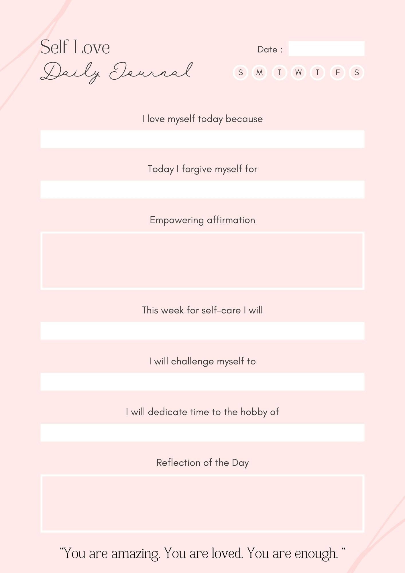 Pink Self Love Daily Journal Printable Page Blank Self Love Journal ...