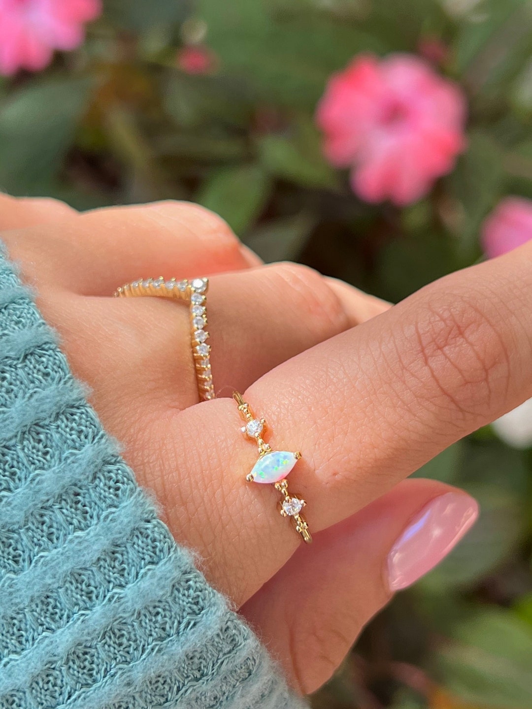 Dainty Marquise Opal Ring, Opal Stacking Ring, White Opal and CZ Ring ...