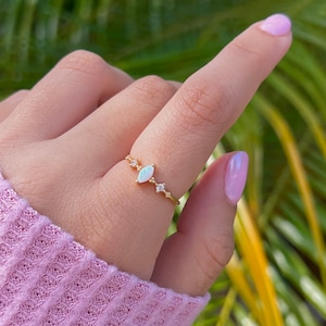 Dainty Marquise Opal Ring, Opal Stacking Ring, White Opal and CZ Ring ...