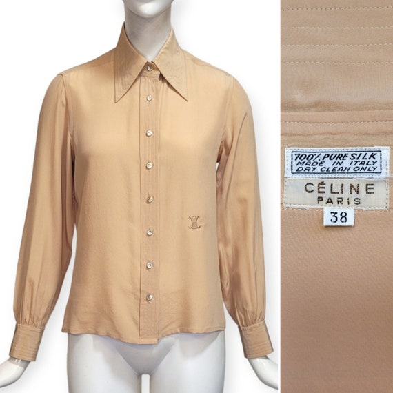 CELINE Vintage 1970s Beige Silk Jersey Shirt - Gem