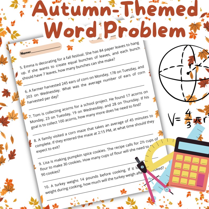 Autumn-themed Word Problem Worksheet - Etsy