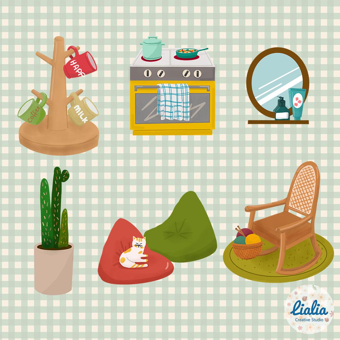 Cozy Home Clipart Set – Retro Interior PNG, Planner Graphics (digital ...