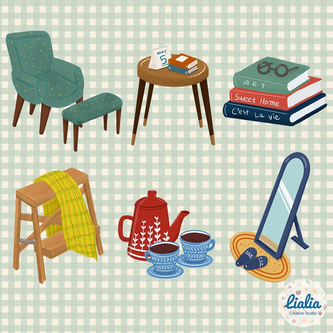 Cozy Home Clipart Set – Retro Interior PNG, Planner Graphics (digital ...