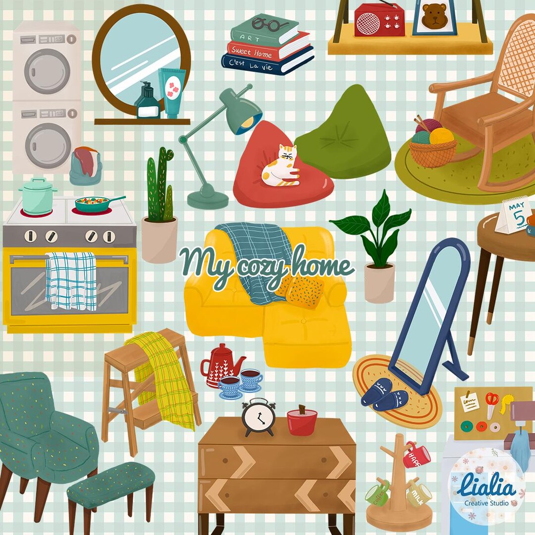 Cozy Home Clipart Set – Retro Interior PNG, Planner Graphics (digital ...
