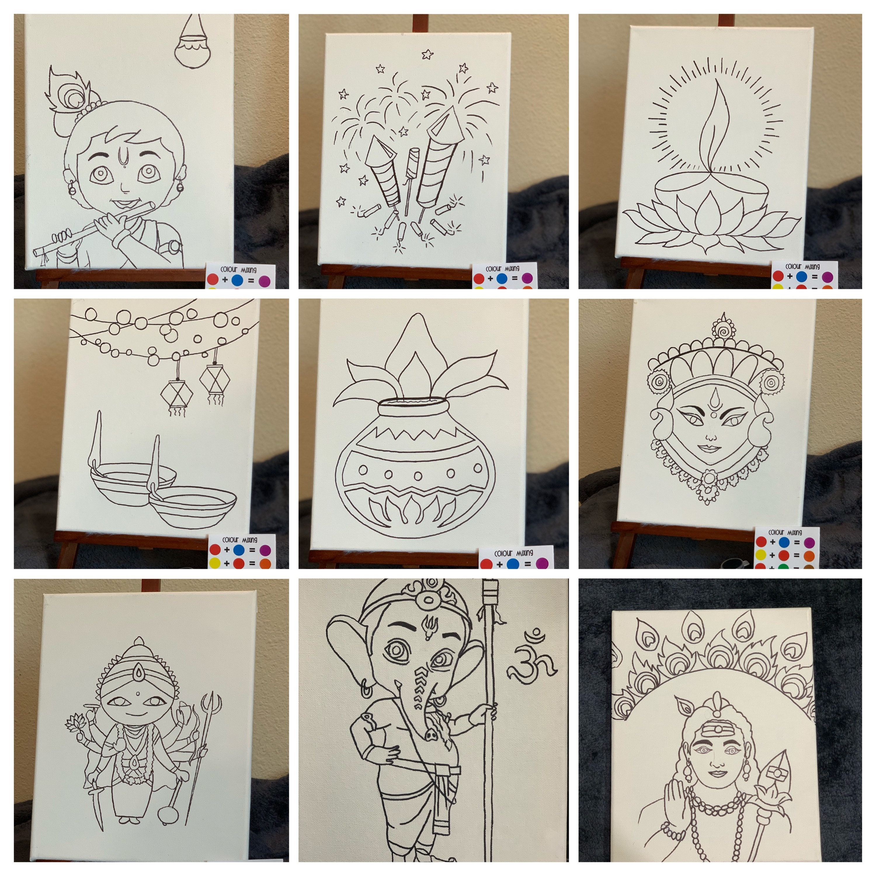 Pre-drawn Indian Canvas/paint Party Canvas Kit/ Krishna | Diwali ...