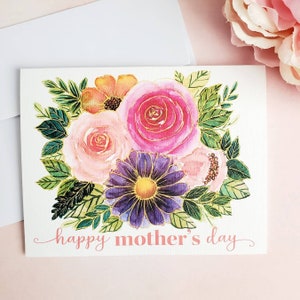 Bright Florals Mother's Day Card, Single or Set, Watercolor & Gold Ink ...