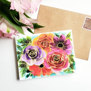 Jewel Tone Floral Greeting Card, Single or Set, Watercolor & Gold Ink ...