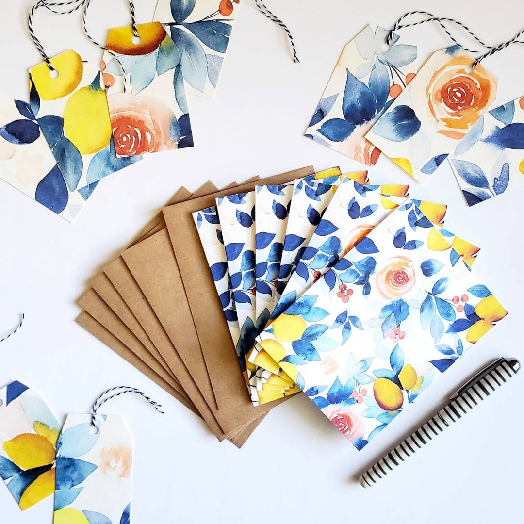 Set of 6 Watercolor Floral Lemon Cards With Matching Gift Tags, All ...