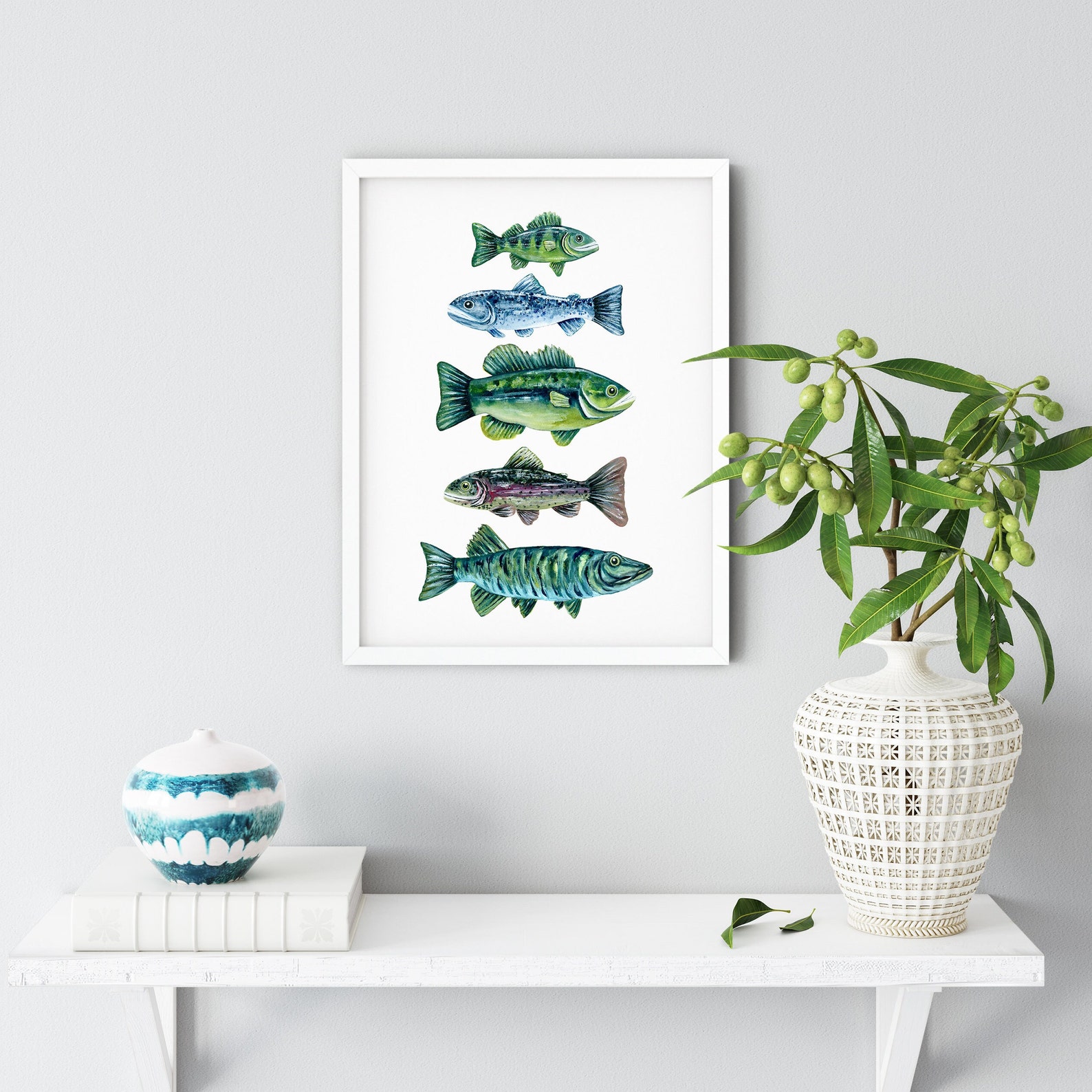 Watercolor River Fish Art Print Blue & Green Bass Trout - Etsy