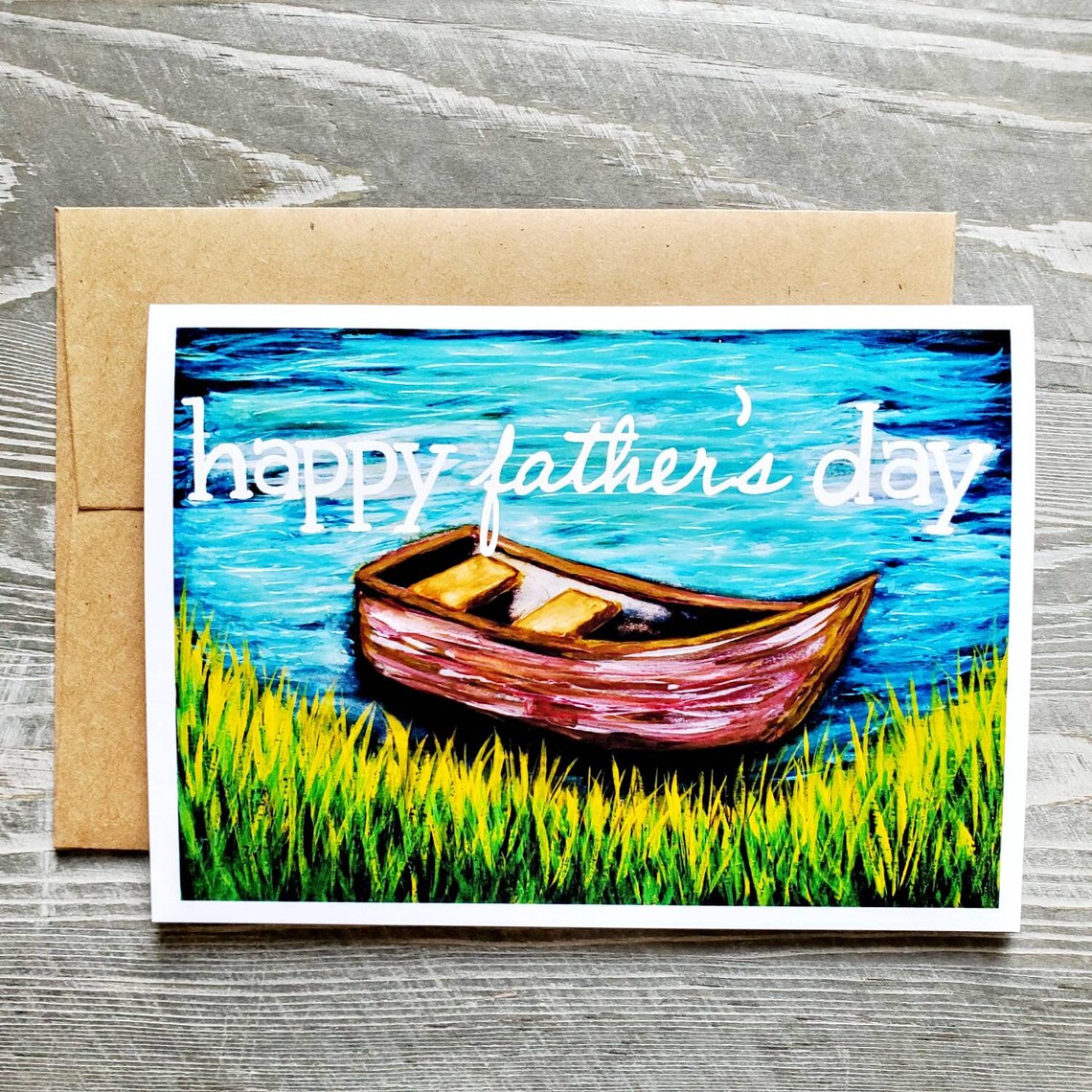 Father’s Day Fishing Boat Card, 5"x7", Watercolor & Gouache, Wooden ...