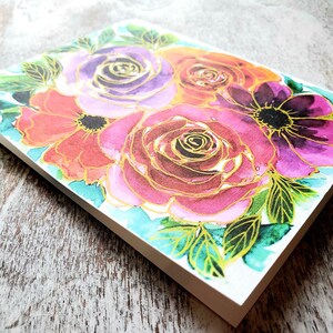 Jewel Tone Floral Greeting Card, Single or Set, Watercolor & Gold Ink ...
