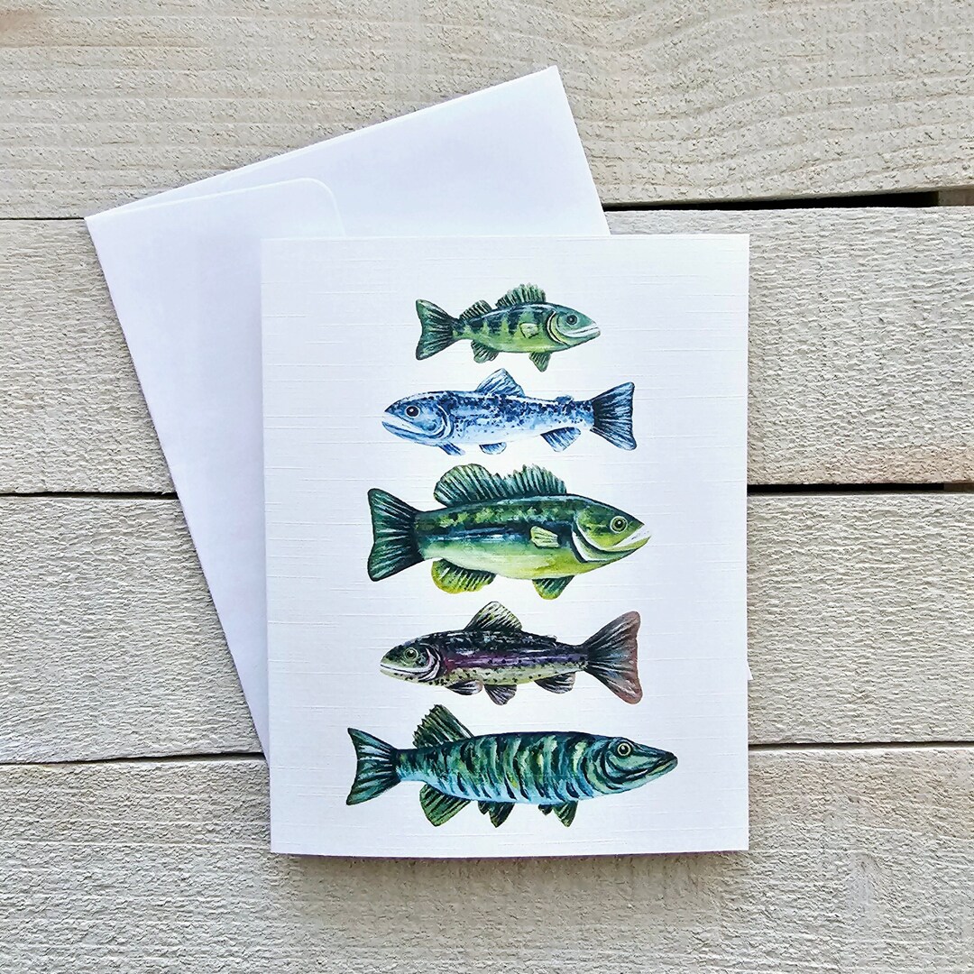 Watercolor Fish Card, River Fish Nature Card for Outdoor Lover, Bass ...